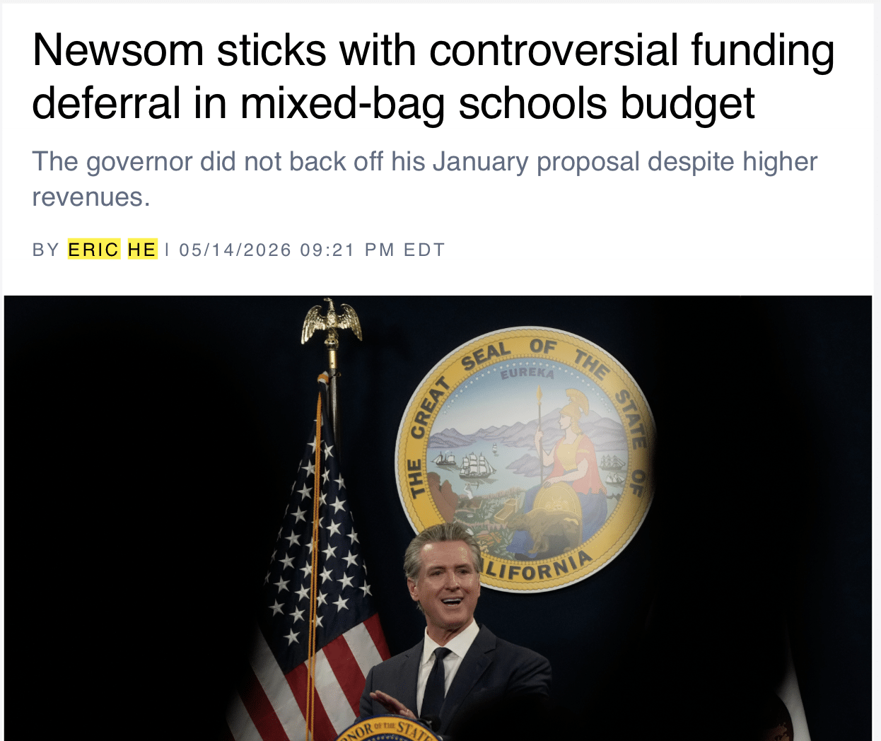 Politico Pro: Newsom sticks with controversial funding deferral in ...
